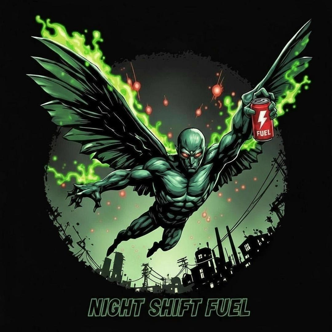 Mothman Night Shift Fuel T-shirt | Cryptid Monster Worker Tee | Front ...