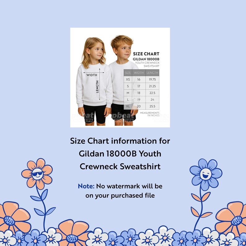 Gildan 18000B Youth Size Chart Mockup: Kids Unisex Crewneck Sweatshirt ...