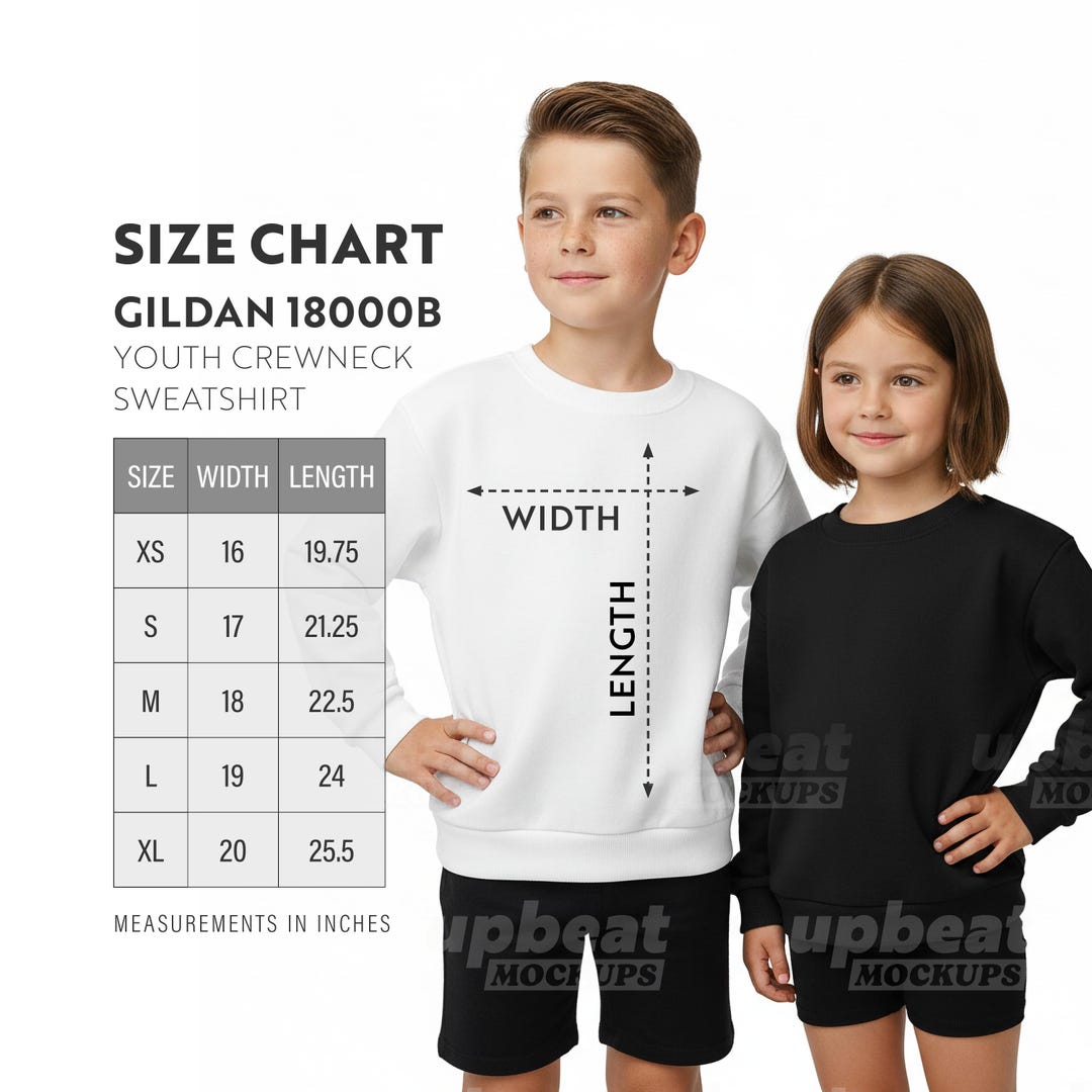 Gildan 18000B Youth Size Chart Mockup: Kids Unisex Crewneck Sweatshirt ...