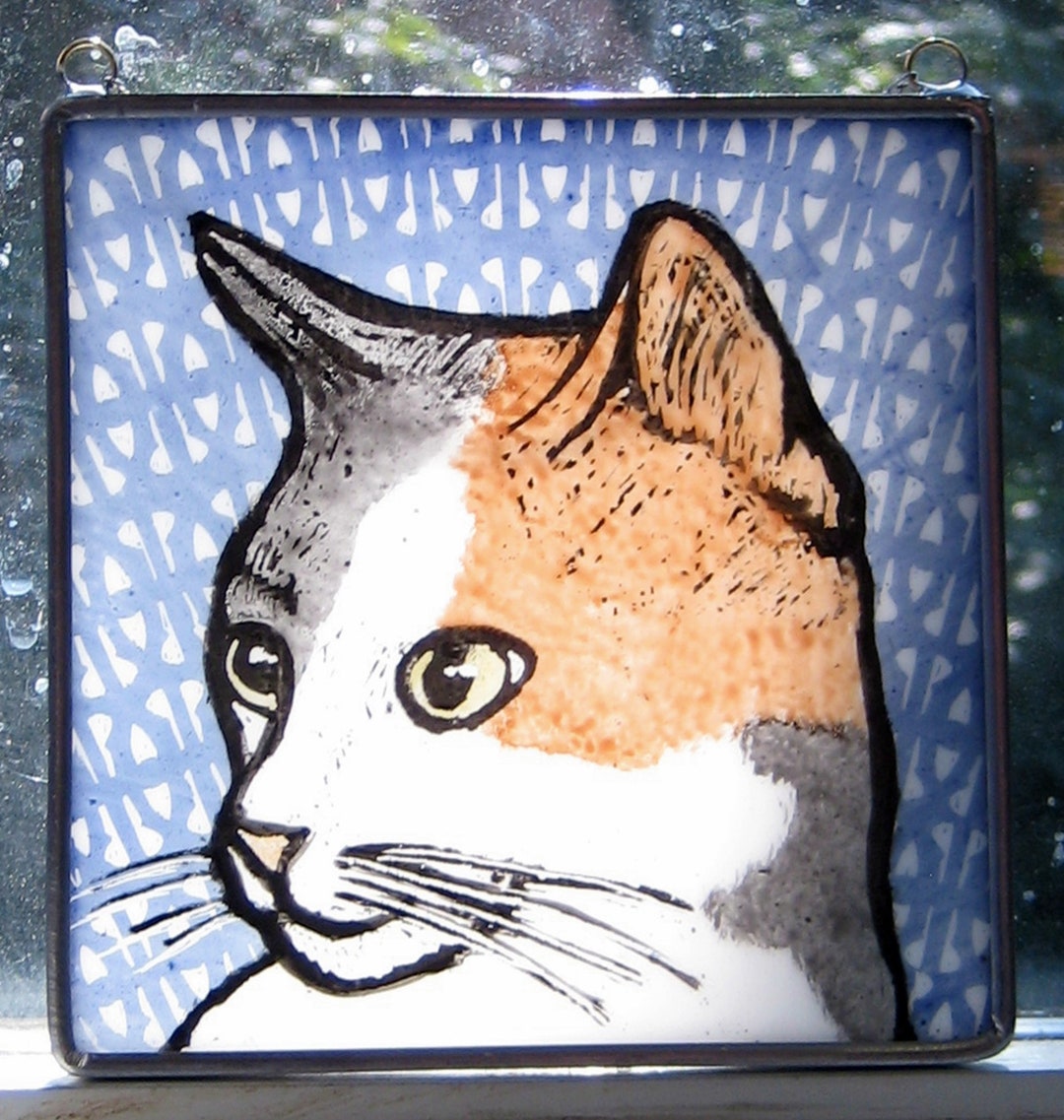Calico Cat Windshop Stained Glass Cat Suncatcher 4"x4" Kiln Fired #70 ...