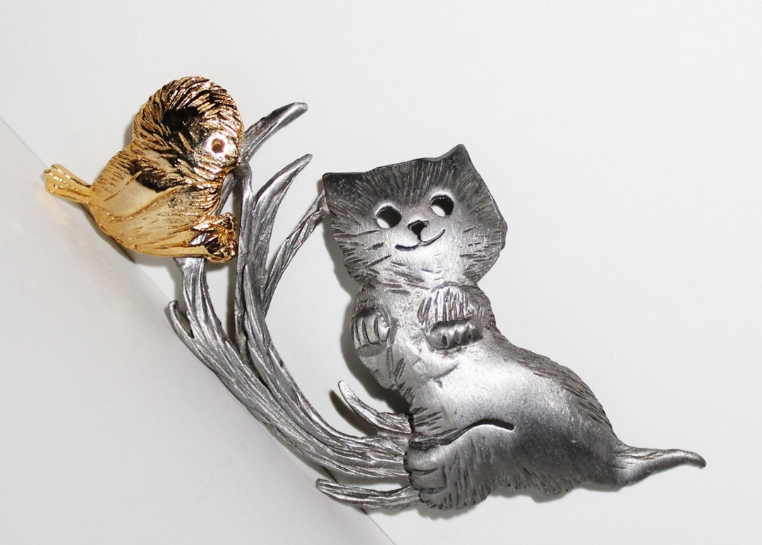 Vintage Ultra Craft 2 Tone Cat and Bird Brooch - Etsy