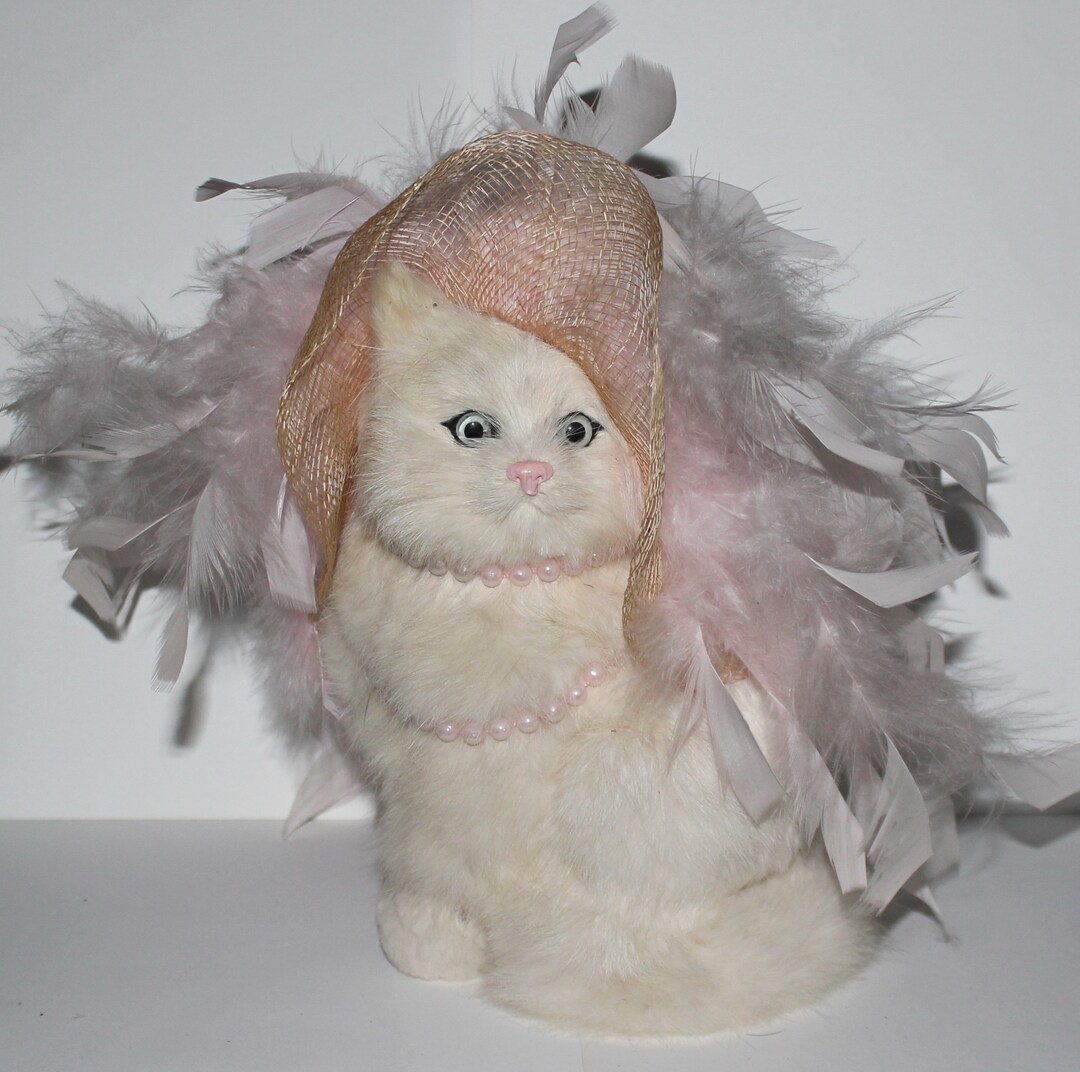 Vintage Bougie Fancy White Cat in Hat With Rabbit Fur in Pearls - Etsy