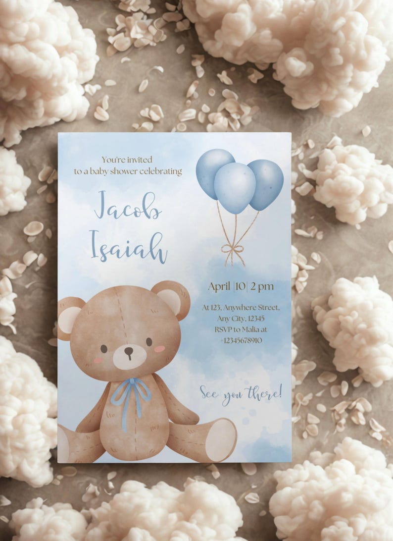 Baby Shower Blue Bear Themed Invitation | DIY Customizable Design ...