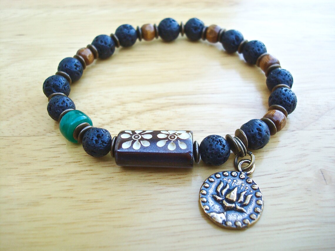 Mens Om Good Fortune Bracelet With Black Lava Recycled Green - Etsy