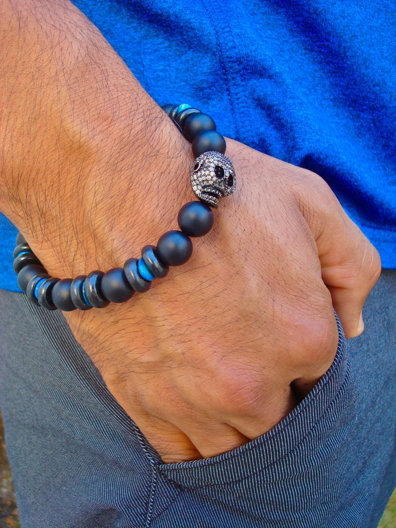 Men's Rocker Bracelet - Skull Cubic Zirconia Micro Pave Setting, Black ...