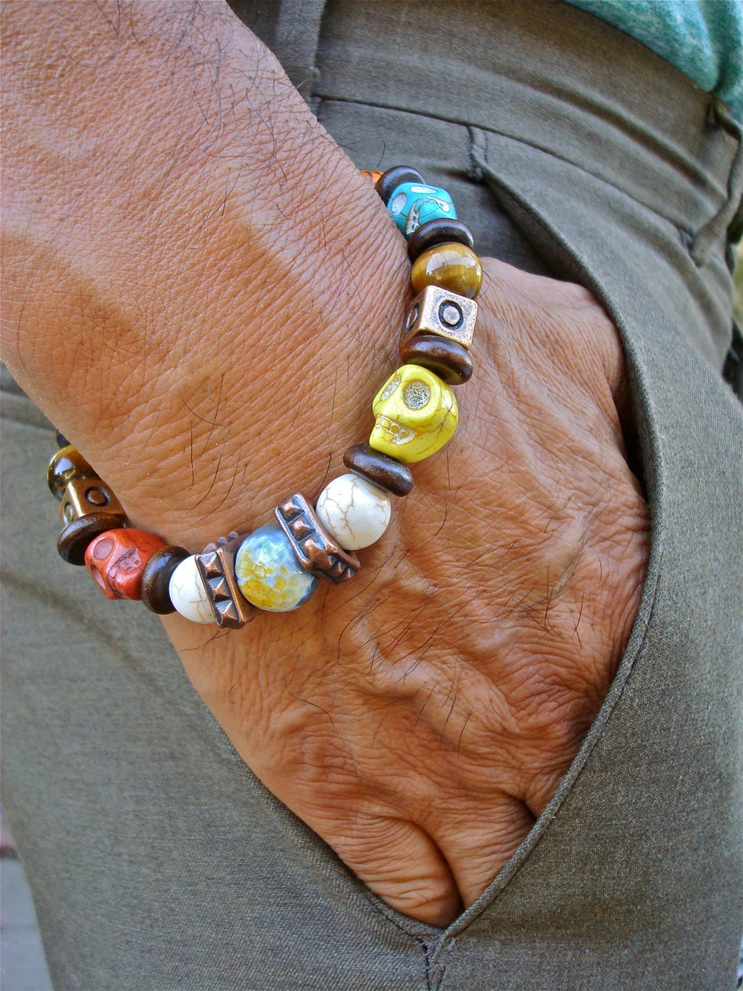 Men's Bohemian Rocker Bracelet With Semi Precious Gray Fire Agate ...