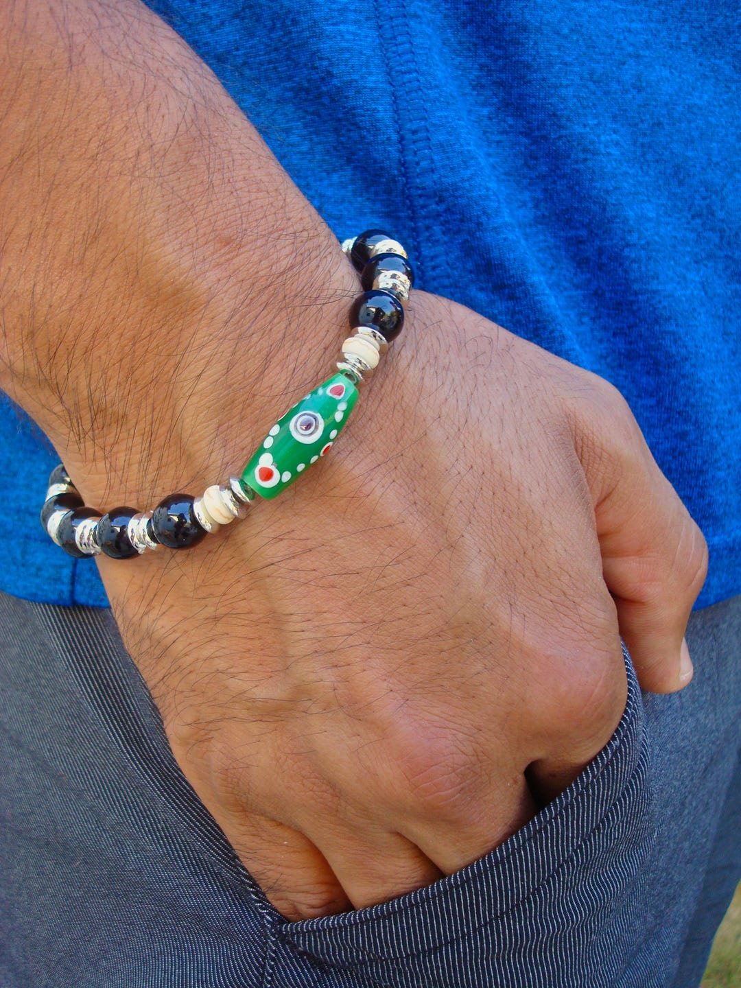 Men's Evil Eye Protection Bracelet - White Howlite, Green Nazar Boncugu ...