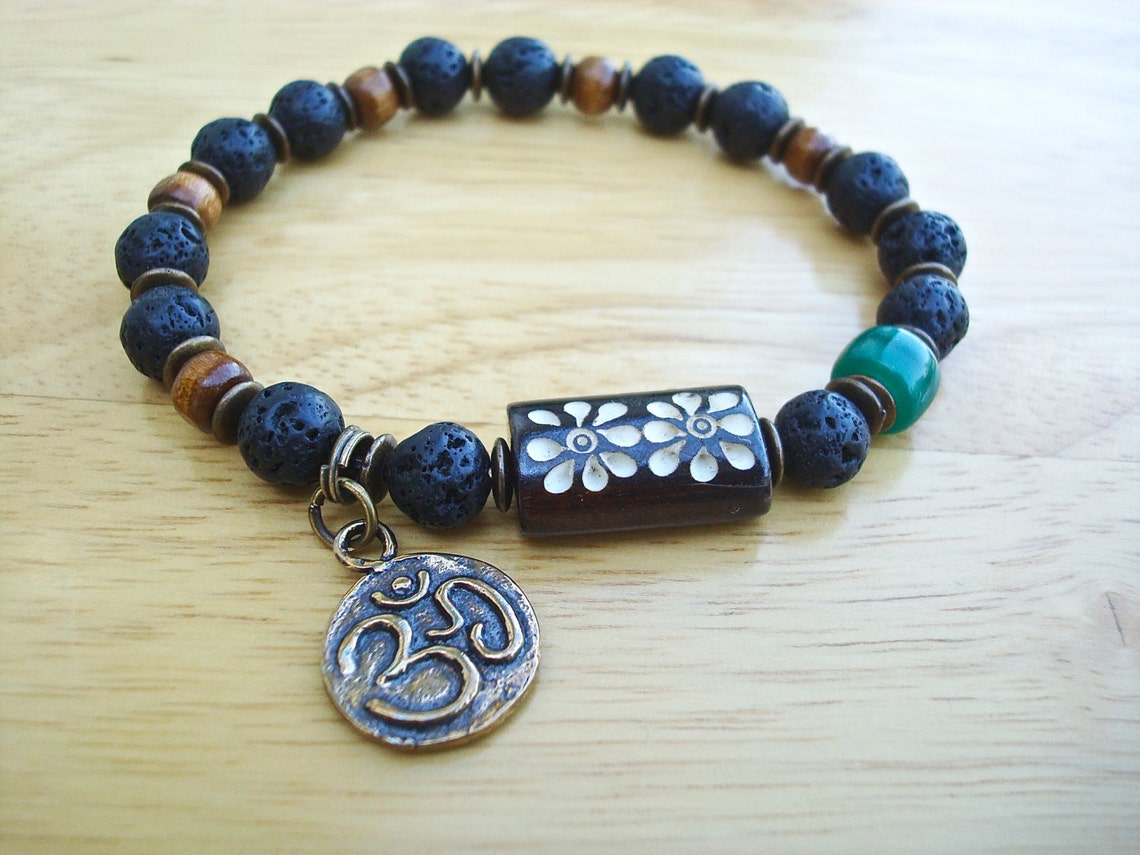 Mens Om Good Fortune Bracelet With Black Lava Recycled Green - Etsy