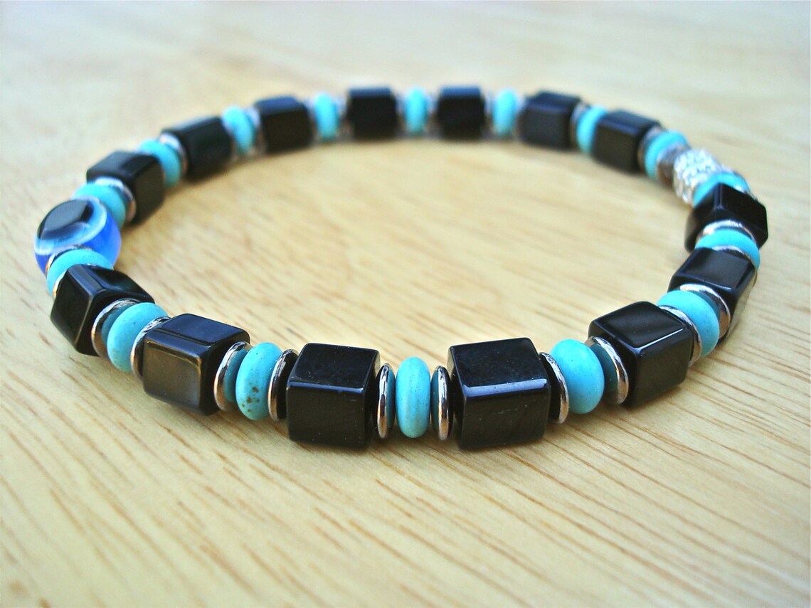 Men's Spiritual Evil Eye Protection Bracelet With Turquoise, Jet Glass ...