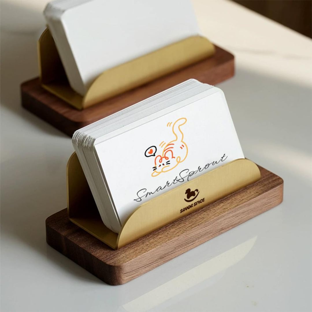 Custom Wooden Brass Business Card Holder for Desk With Engraving ...
