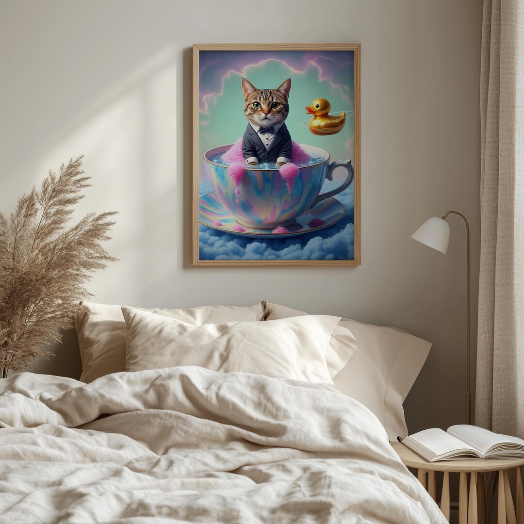 Cute Cat in Teacup Bath Foam Printable Wall Art - Playful Pastel ...