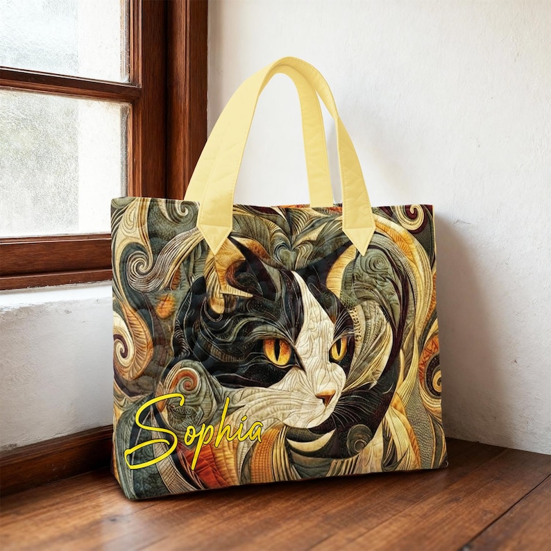 Custom Cat Art Quilted Tote Bag, Colorful Patchwork Cat Face Bag ...
