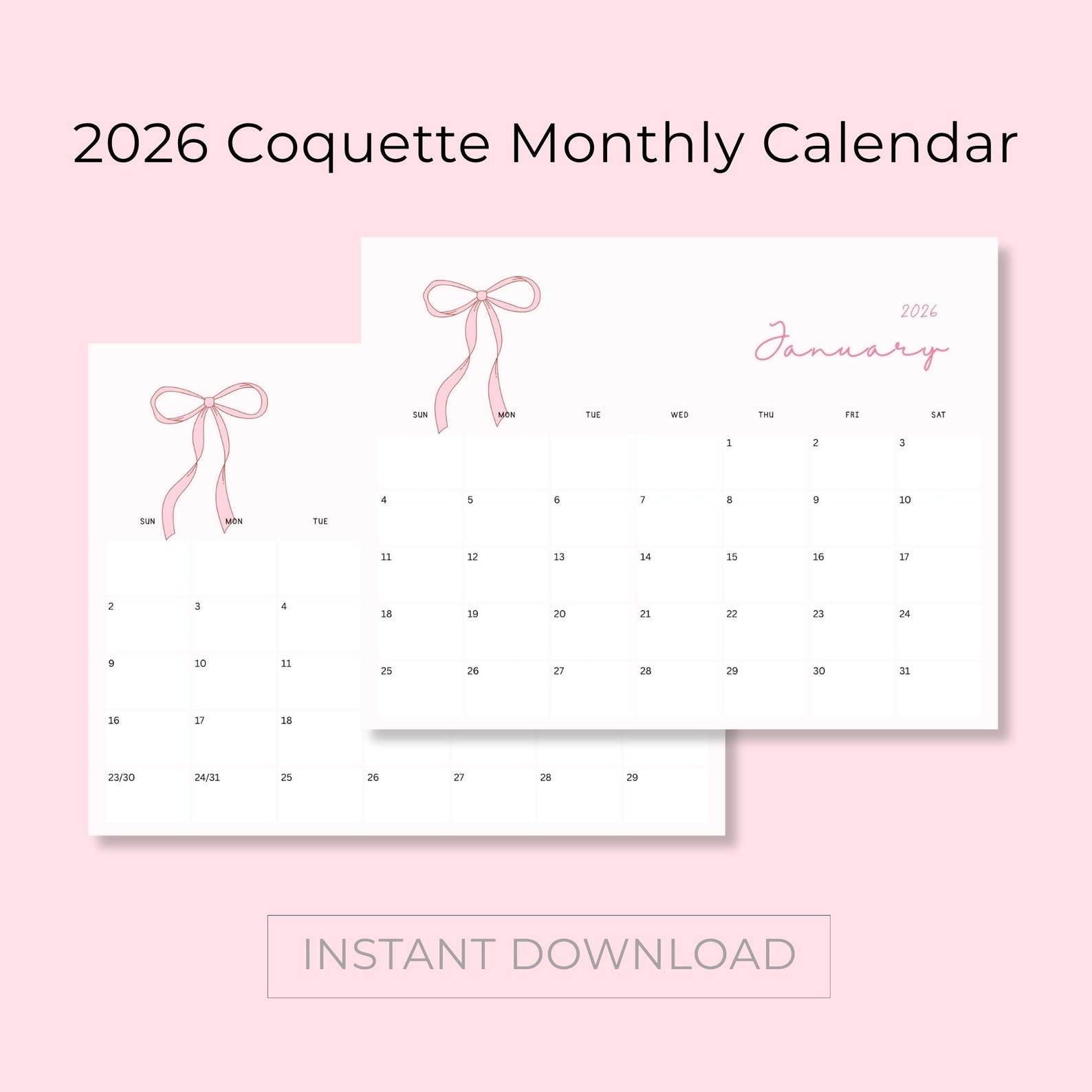2026 Coquette Calendar: Pink Bow, Monthly Landscape (printable PDF) - Etsy