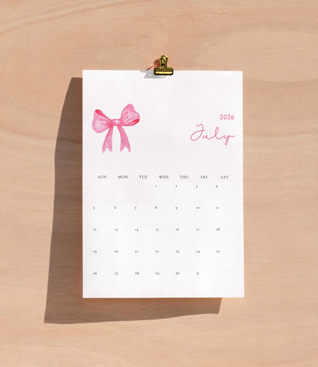 2026 Coquette Pink Bow Monthly Calendar | A4, Letter | Printable Pdfd ...