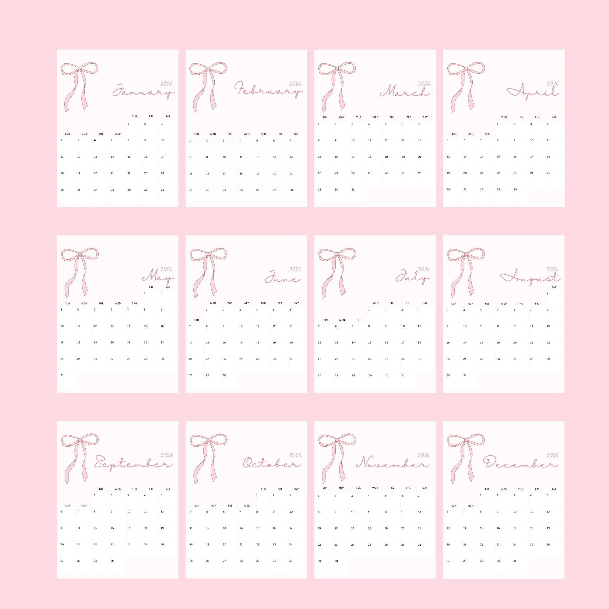 2026 Coquette Monthly Calendar, Elegant Desk Calender, Digital Download ...