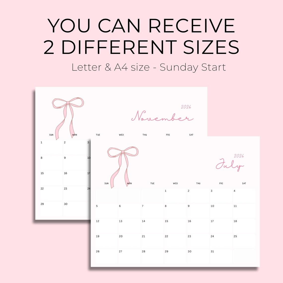 2026 Coquette Calendar: Pink Bow, Monthly Landscape (printable PDF) - Etsy