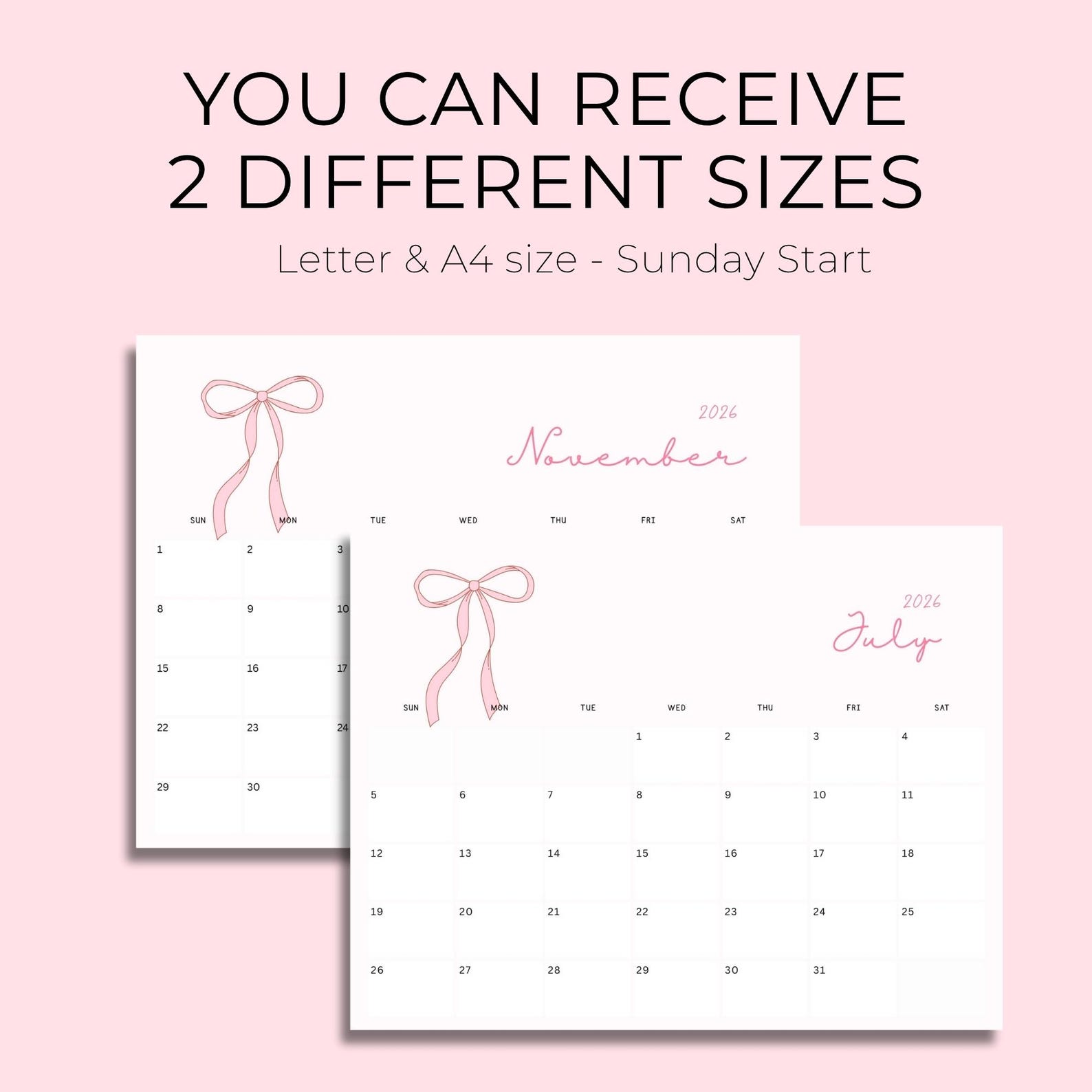 2026 Coquette Calendar: Pink Bow, Monthly Landscape (printable PDF) - Etsy