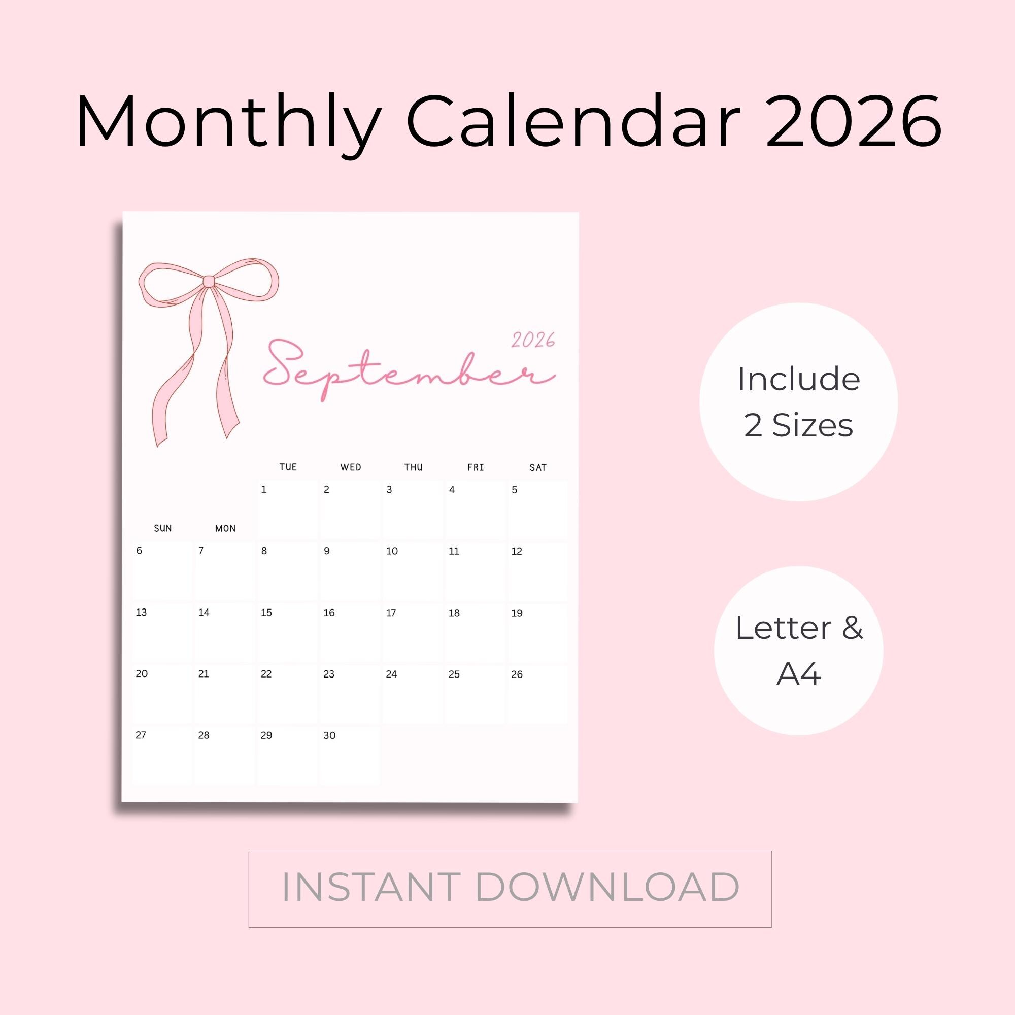 2026 Coquette Monthly Calendar, Elegant Desk Calender, Digital Download ...