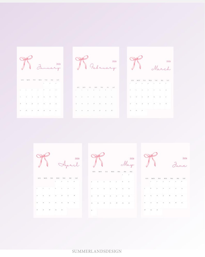 2026 Pink Bow Monthly Calendar | A4, Letter | Printable PDF - Etsy