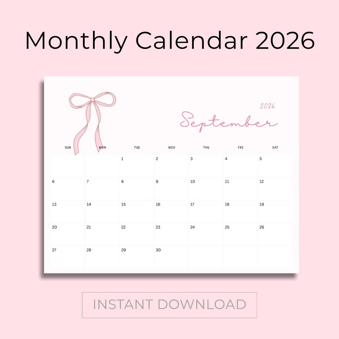 2026 Coquette Calendar: Pink Bow, Monthly Landscape (printable PDF) - Etsy