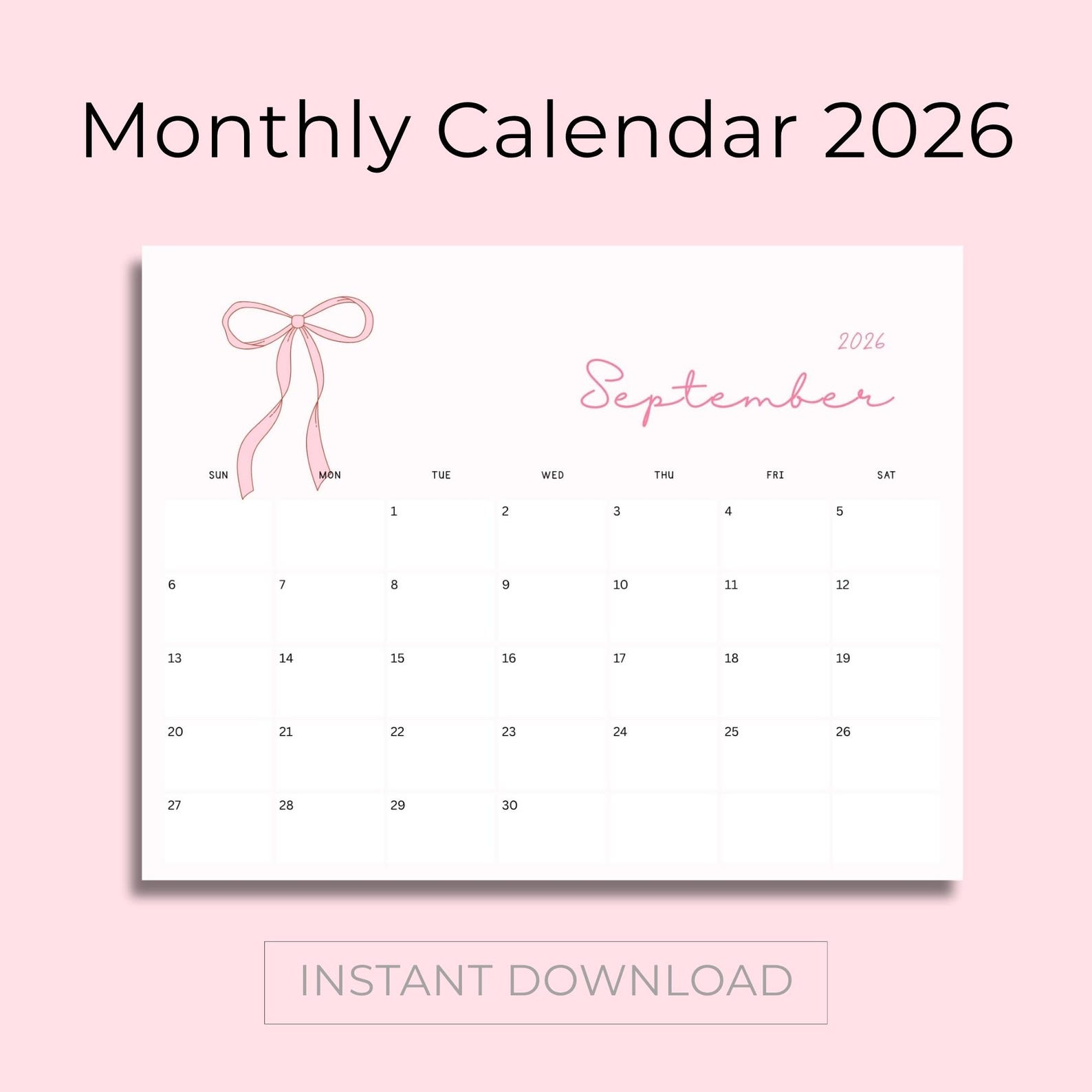 2026 Coquette Calendar: Pink Bow, Monthly Landscape (printable PDF) - Etsy