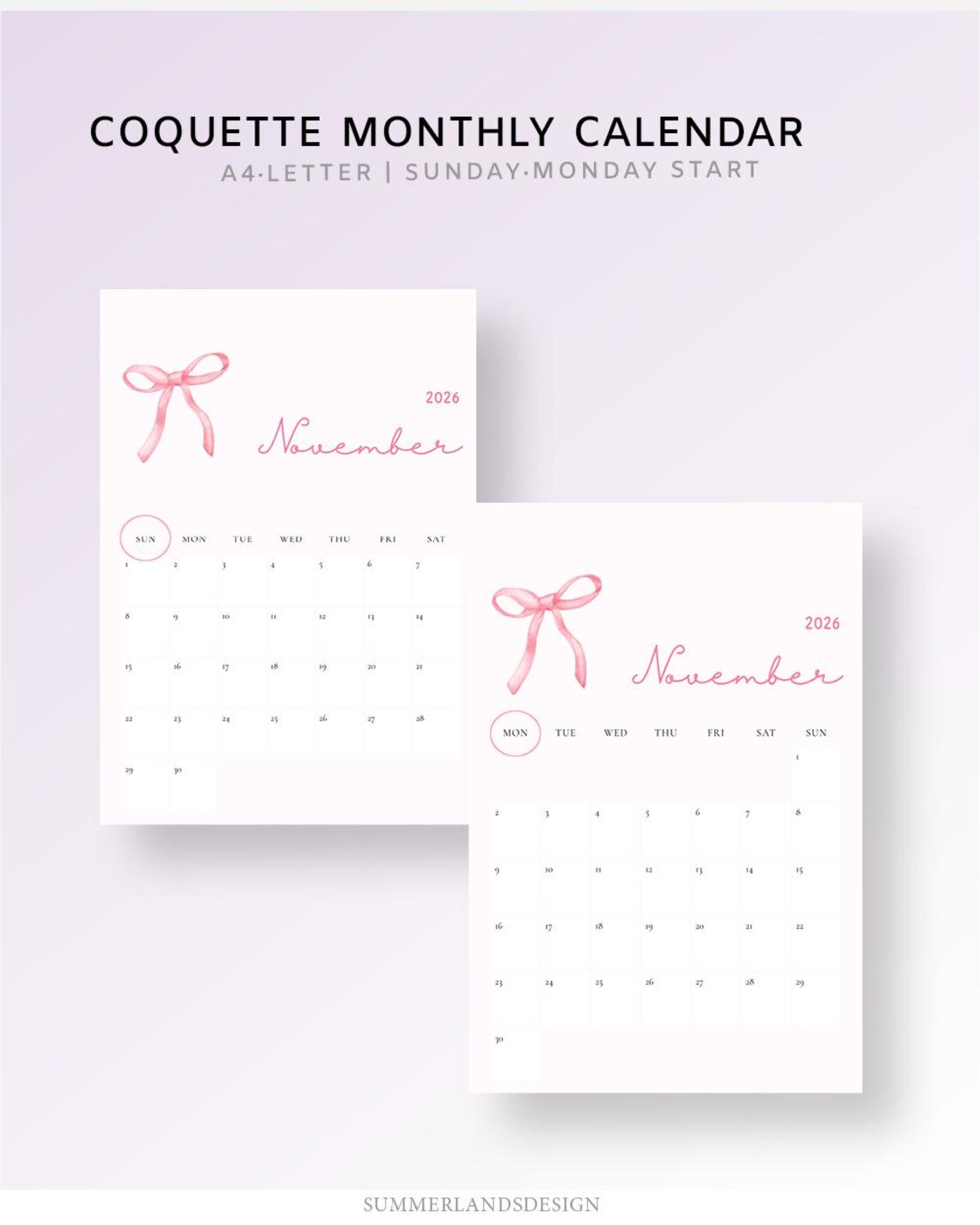 2026 Pink Bow Monthly Calendar | A4, Letter | Printable PDF - Etsy