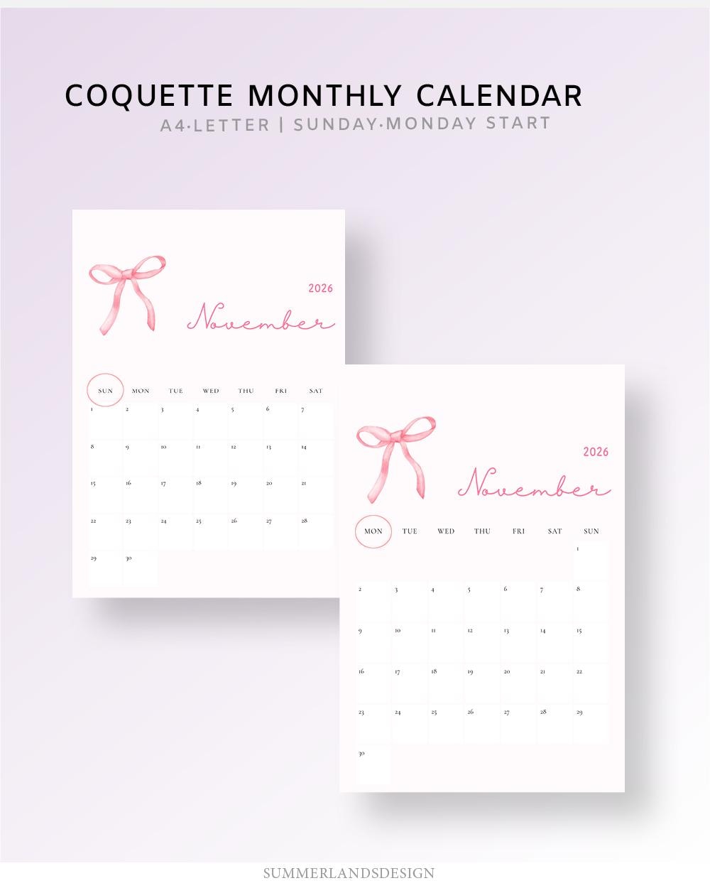 2026 Pink Bow Monthly Calendar | A4, Letter | Printable PDF - Etsy