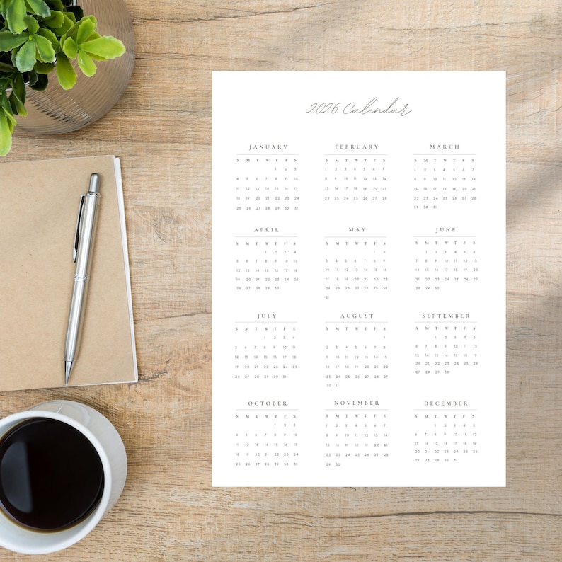 Simple 2026 Full Yearly Calendar, Printable A4 A3 Letter PDF, One-page ...