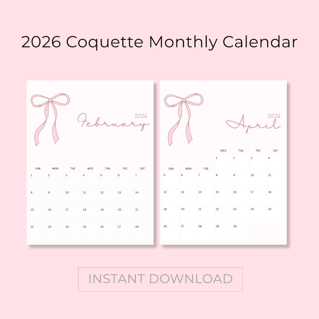 2026 Coquette Monthly Calendar, Elegant Desk Calender, Digital Download ...