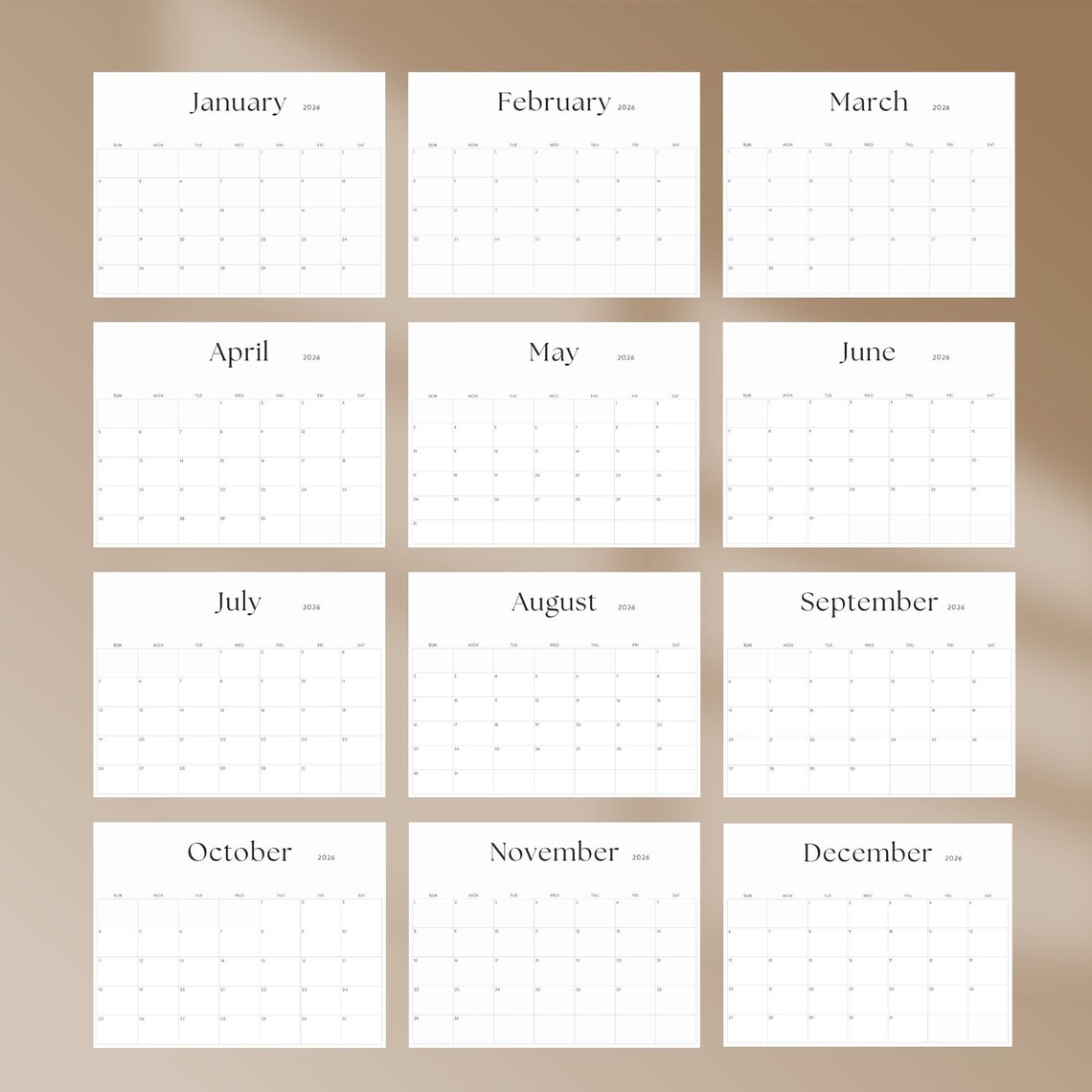 Minimalistic 2026 Monthly Calendar – Printable Desk Calendar PDF(US ...