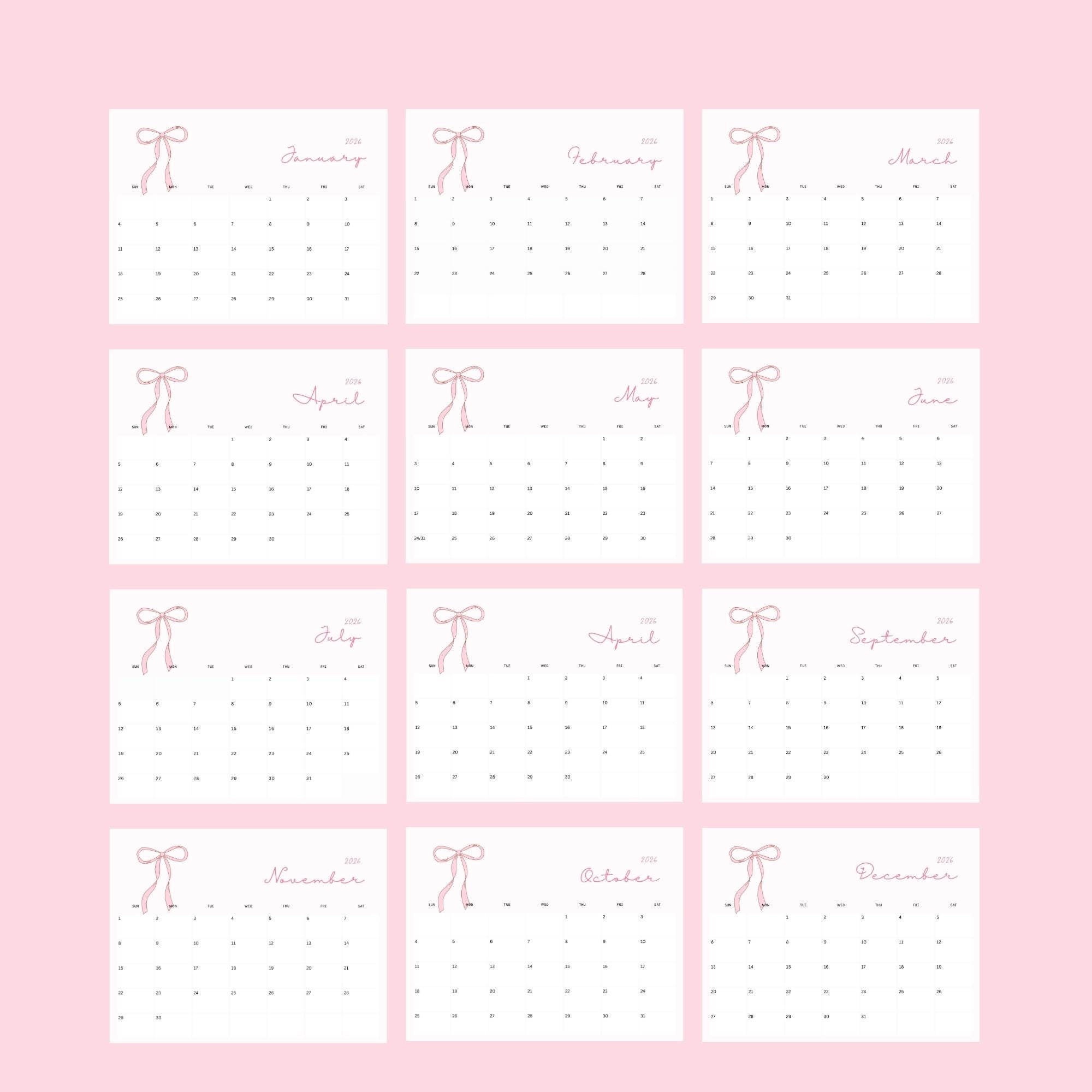 2026 Coquette Calendar: Pink Bow, Monthly Landscape (printable PDF) - Etsy
