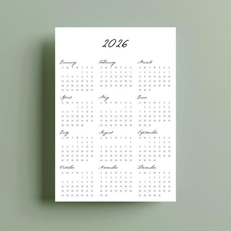 2026 Yearly Calendar Printable Minimalist Wall Planner A4 A3 Letter PDF ...