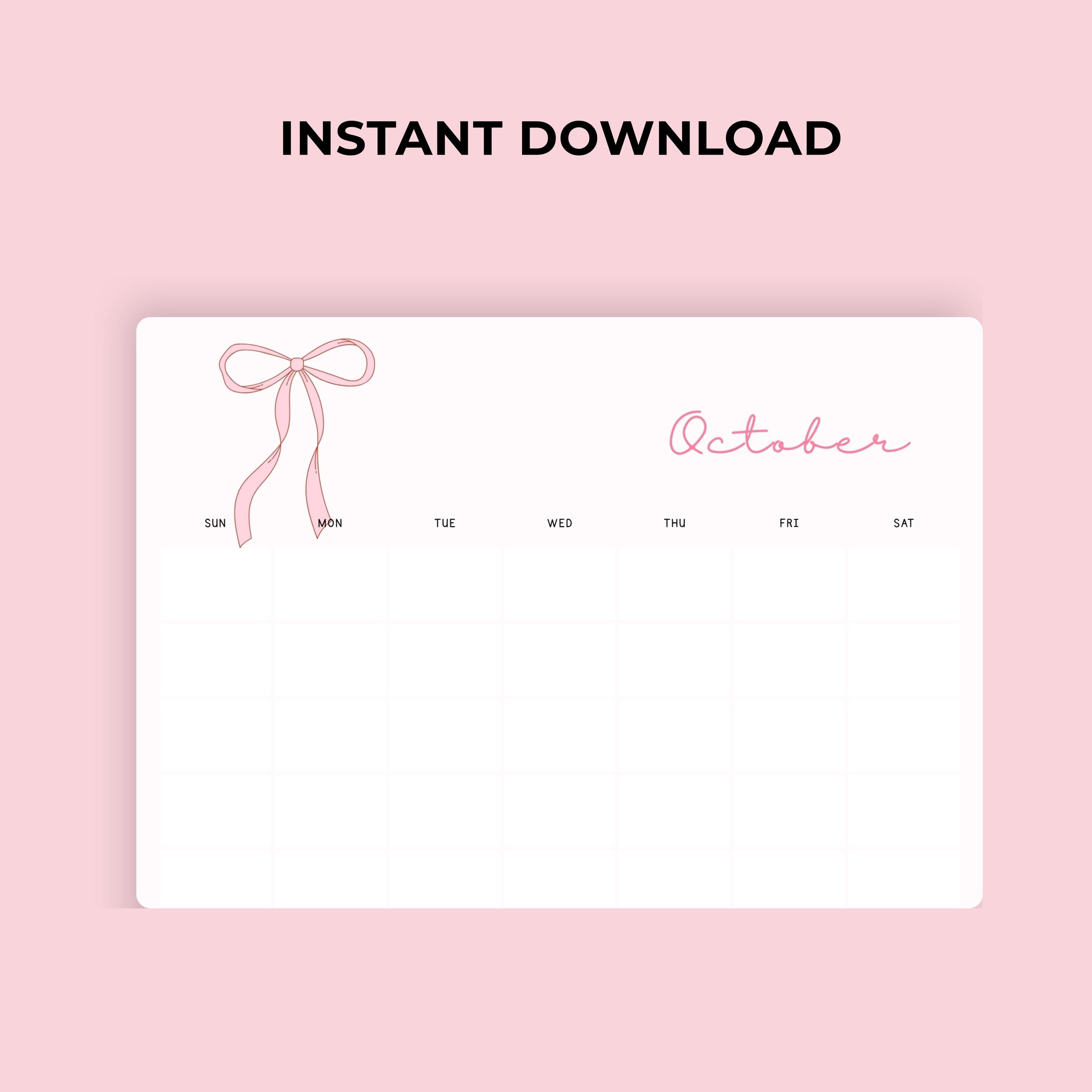 Blank Coquette Calendar: Pink Bow, Undated Monthly Landscape (printable ...