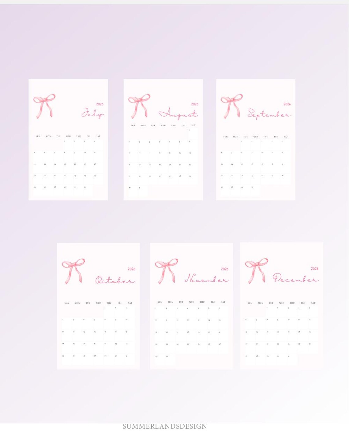 2026 Pink Bow Monthly Calendar | A4, Letter | Printable PDF - Etsy