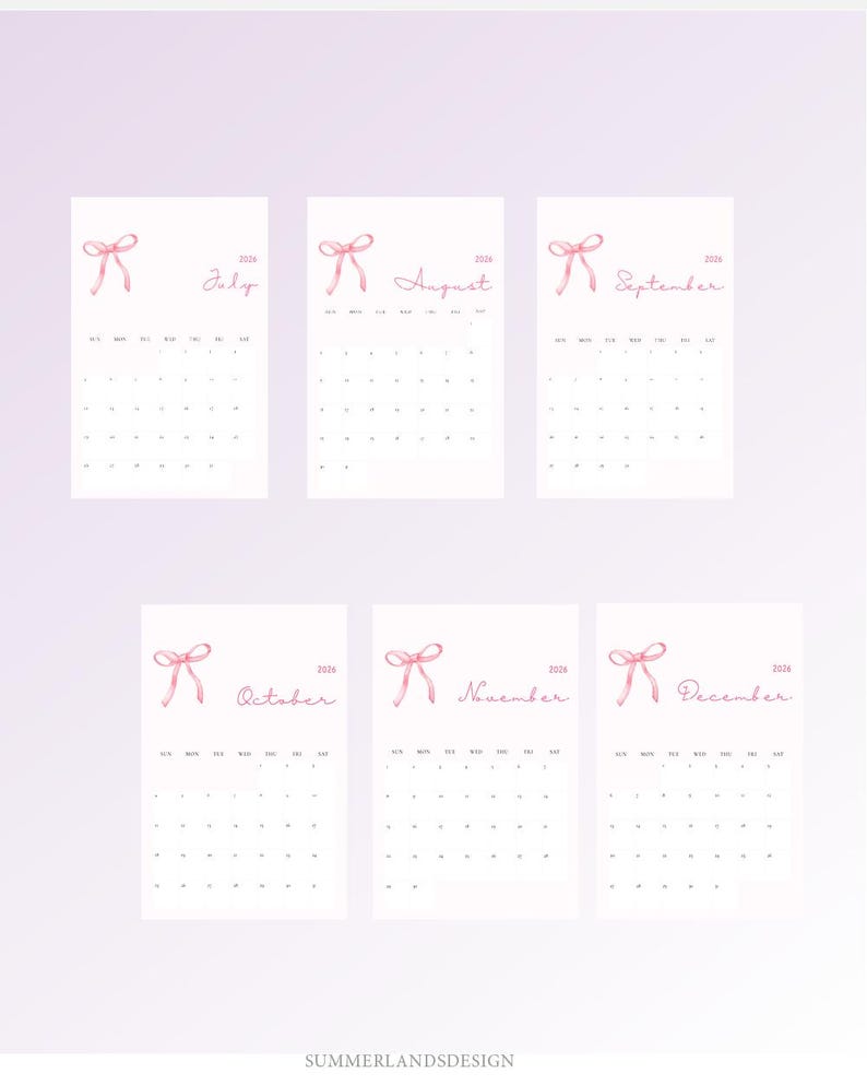 2026 Pink Bow Monthly Calendar | A4, Letter | Printable PDF - Etsy