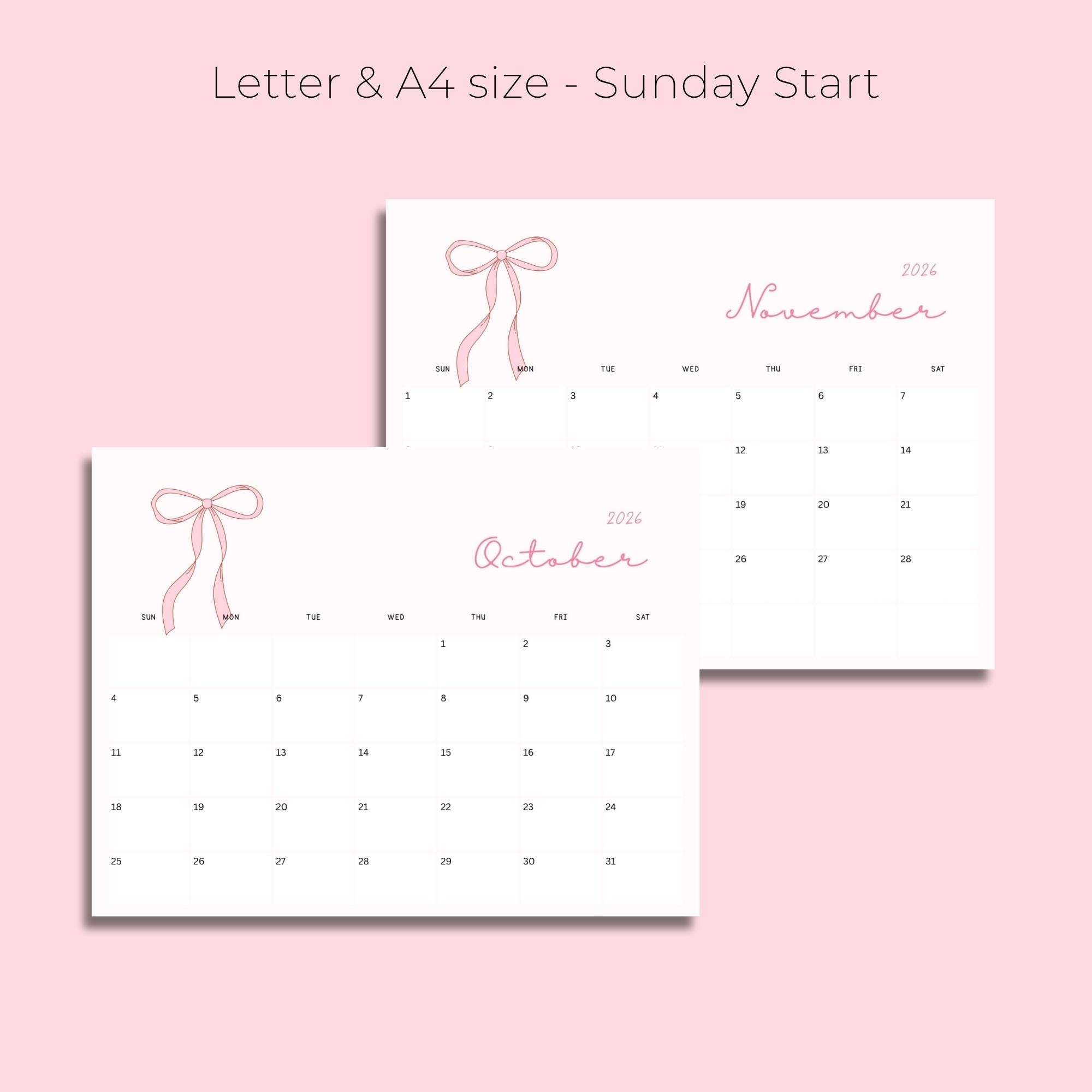 2026 Coquette Calendar: Pink Bow, Monthly Landscape (printable PDF) - Etsy