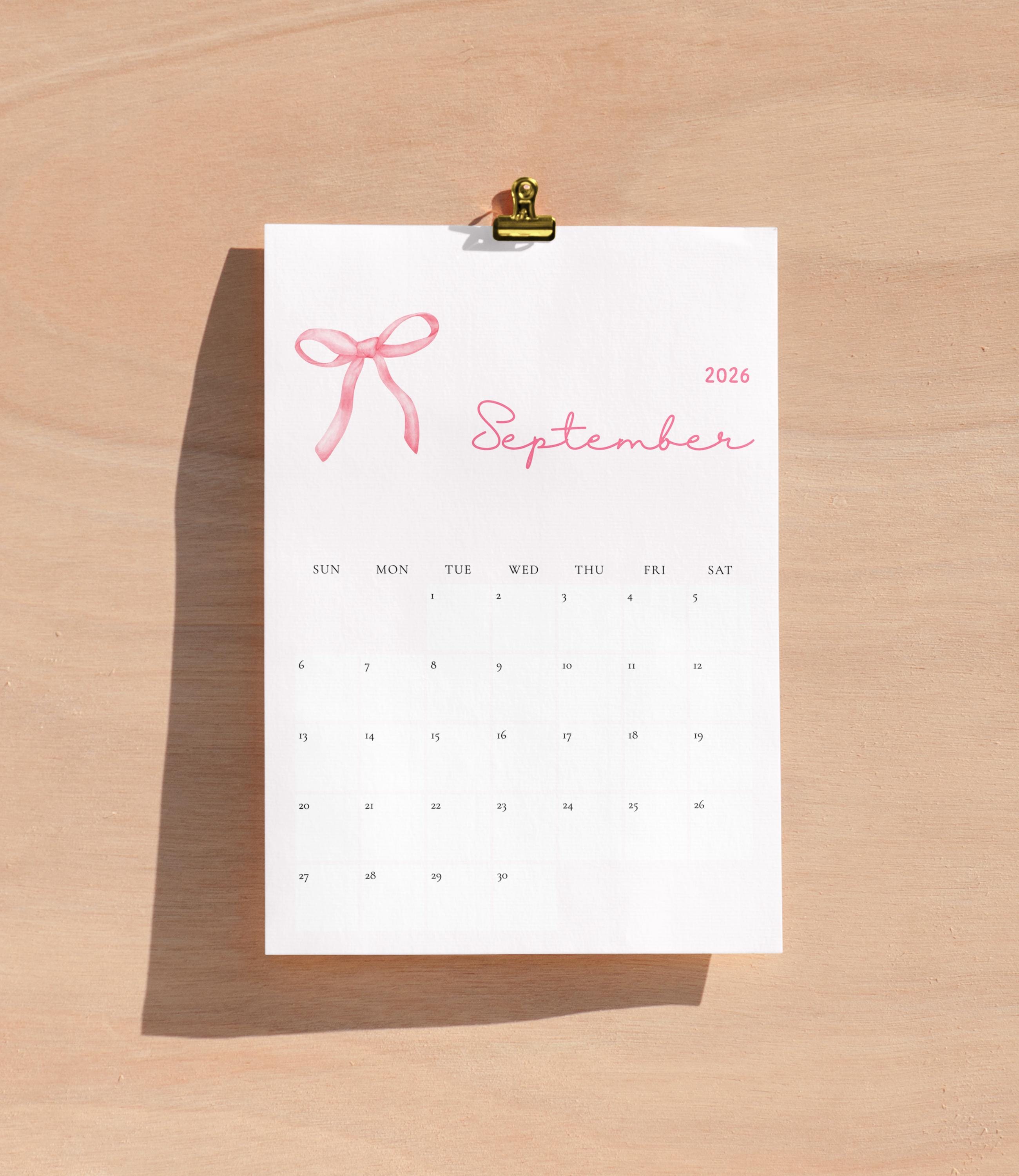 2026 Pink Bow Monthly Calendar | A4, Letter | Printable PDF - Etsy