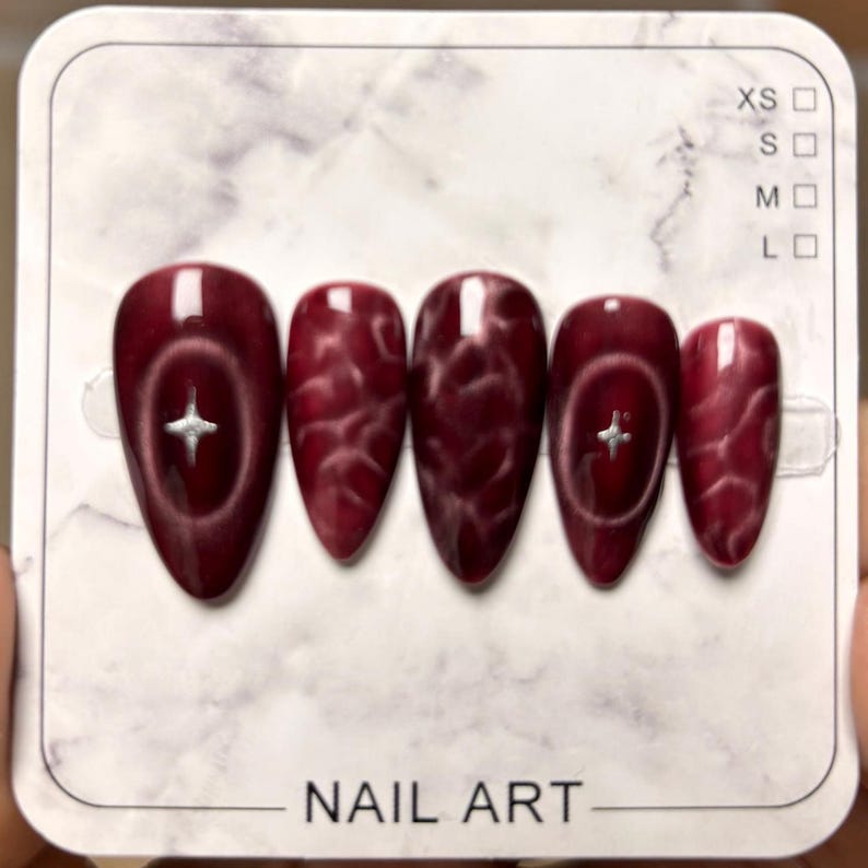 Handmade Press on Red Magnetic Cat Eye Wave Nails - Etsy