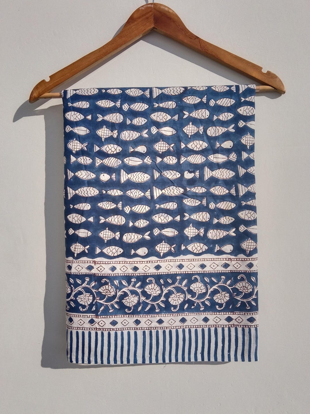 Indigo Fish Print Cotton Fabric, Soft Dressmaking Sewing Fabric, Sarong ...