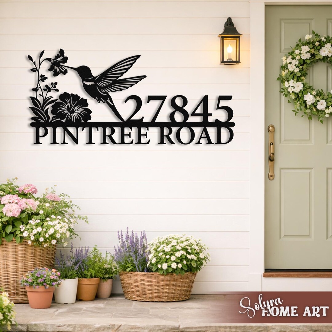 Hummingbird Address Sign Metal Wall Art, Custom House Number Plaque ...