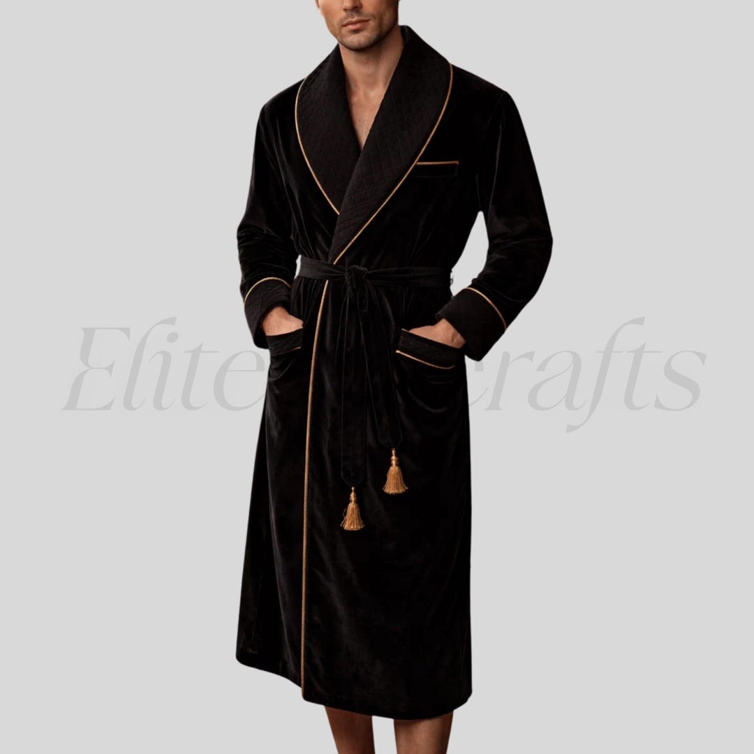 Luxury Men's Black Velvet Smoking Robe | Gold Tassel & Quilted Dressing ...