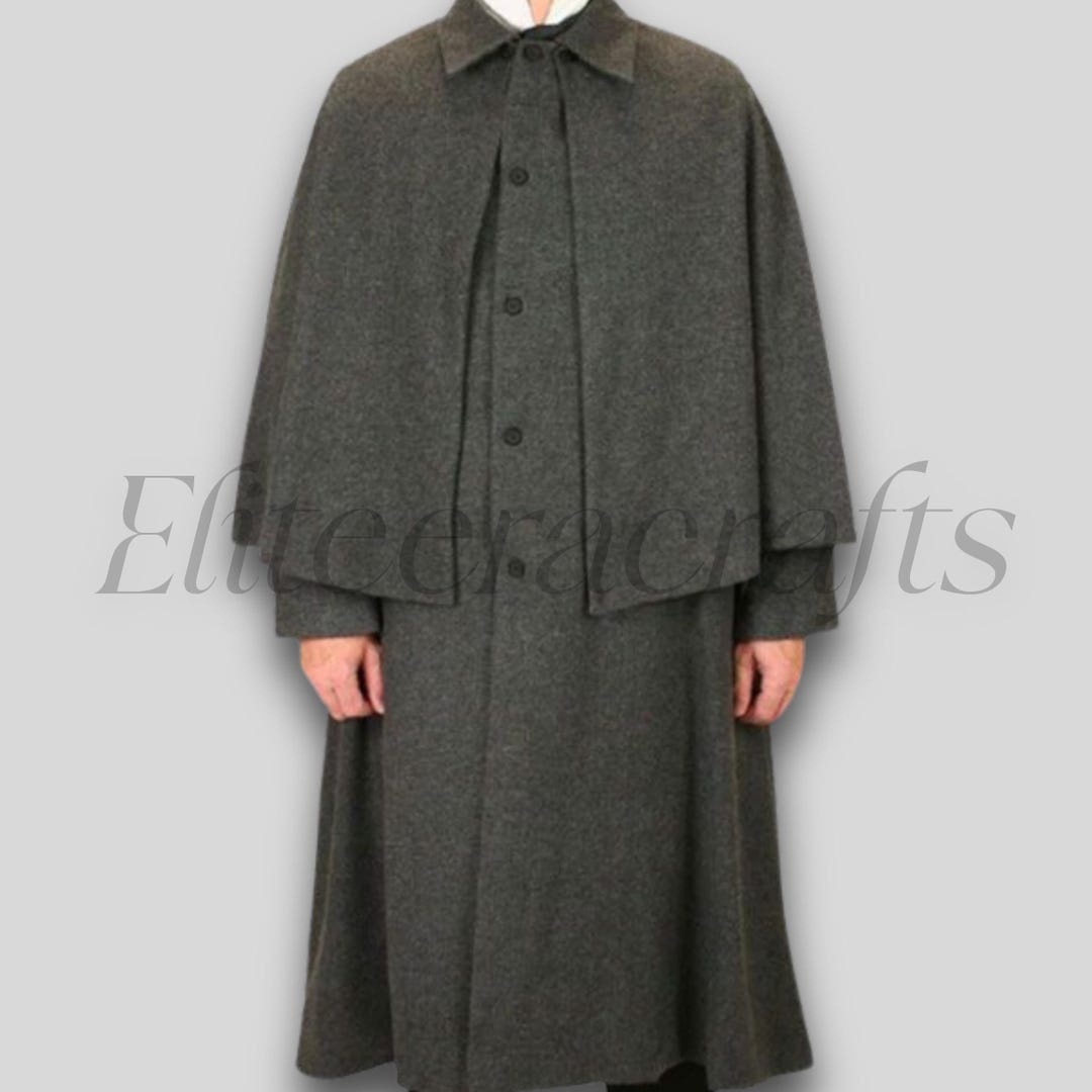 Handcrafted Men's Gray Wool Inverness Cape Coat | Victorian Steampunk ...