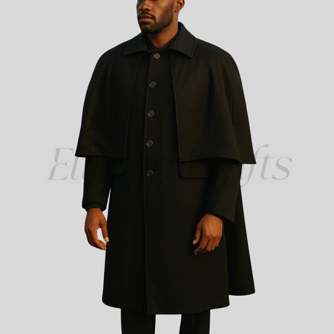 Men’s Black Wool Inverness Cape | Victorian Cloak Overcoat | Sherlock ...