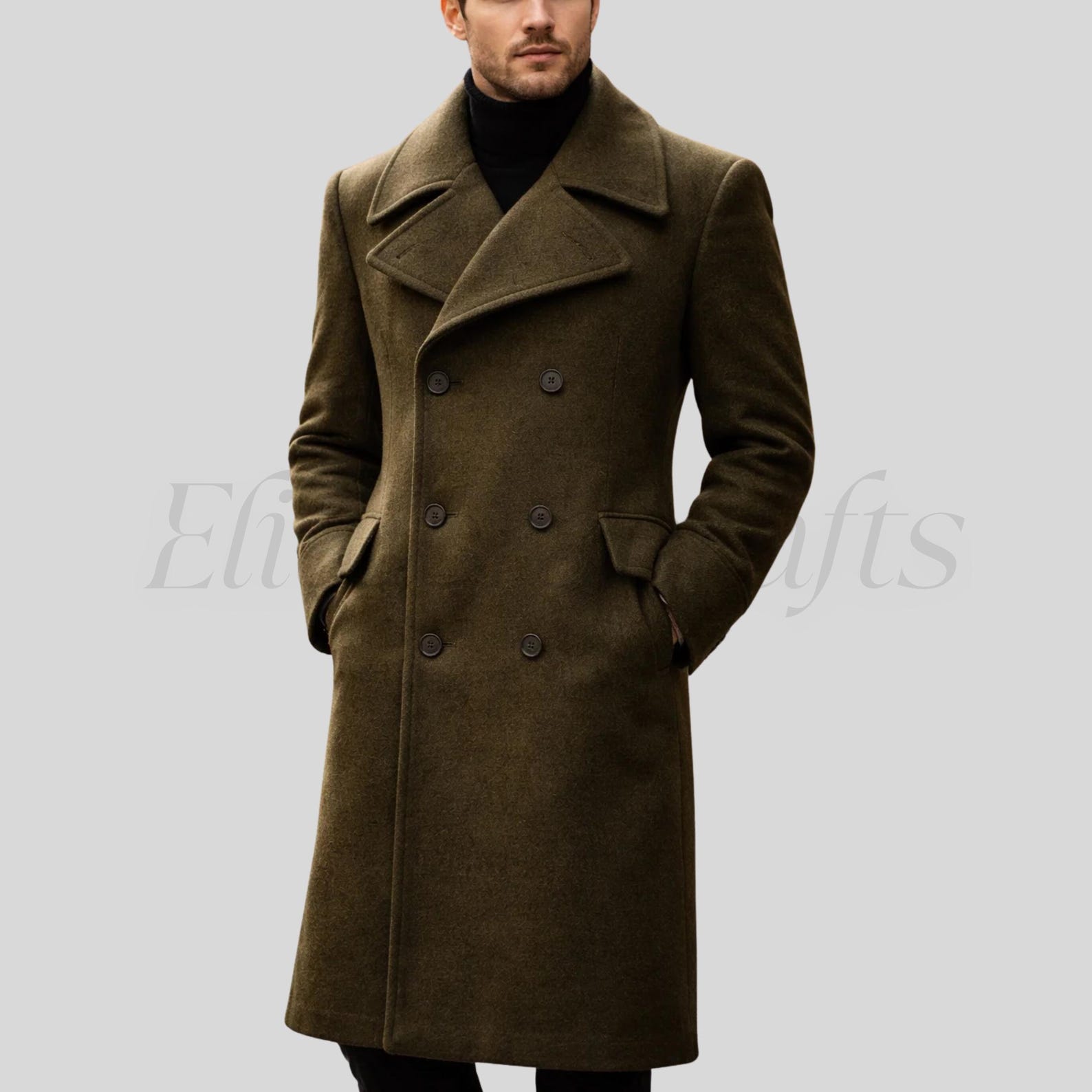 Handmade Men’s Olive Green Wool Greatcoat | Double Breasted Military ...