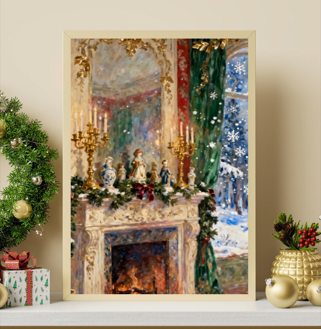 Vintage Christmas Fireplace Wall Art | Classic Holiday Mantel Print ...