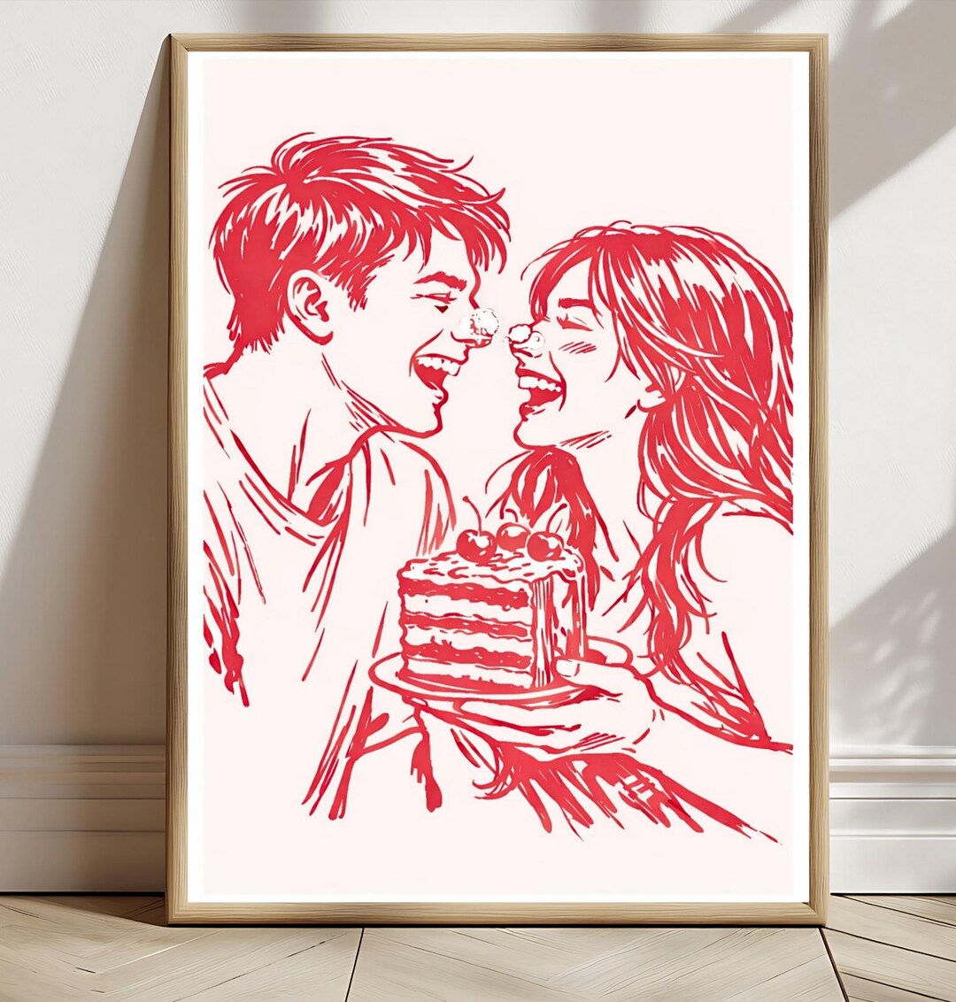 Sweet Couple Cake Wall Art – Romantic Red Line Illustration Printable ...