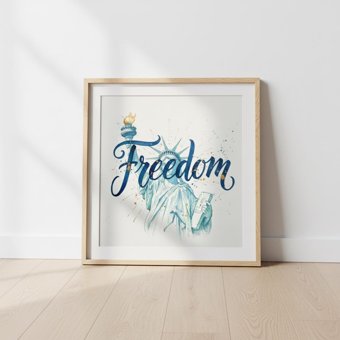 Freedom Calligraphy Art Print: Statue of Liberty Watercolor (digital ...