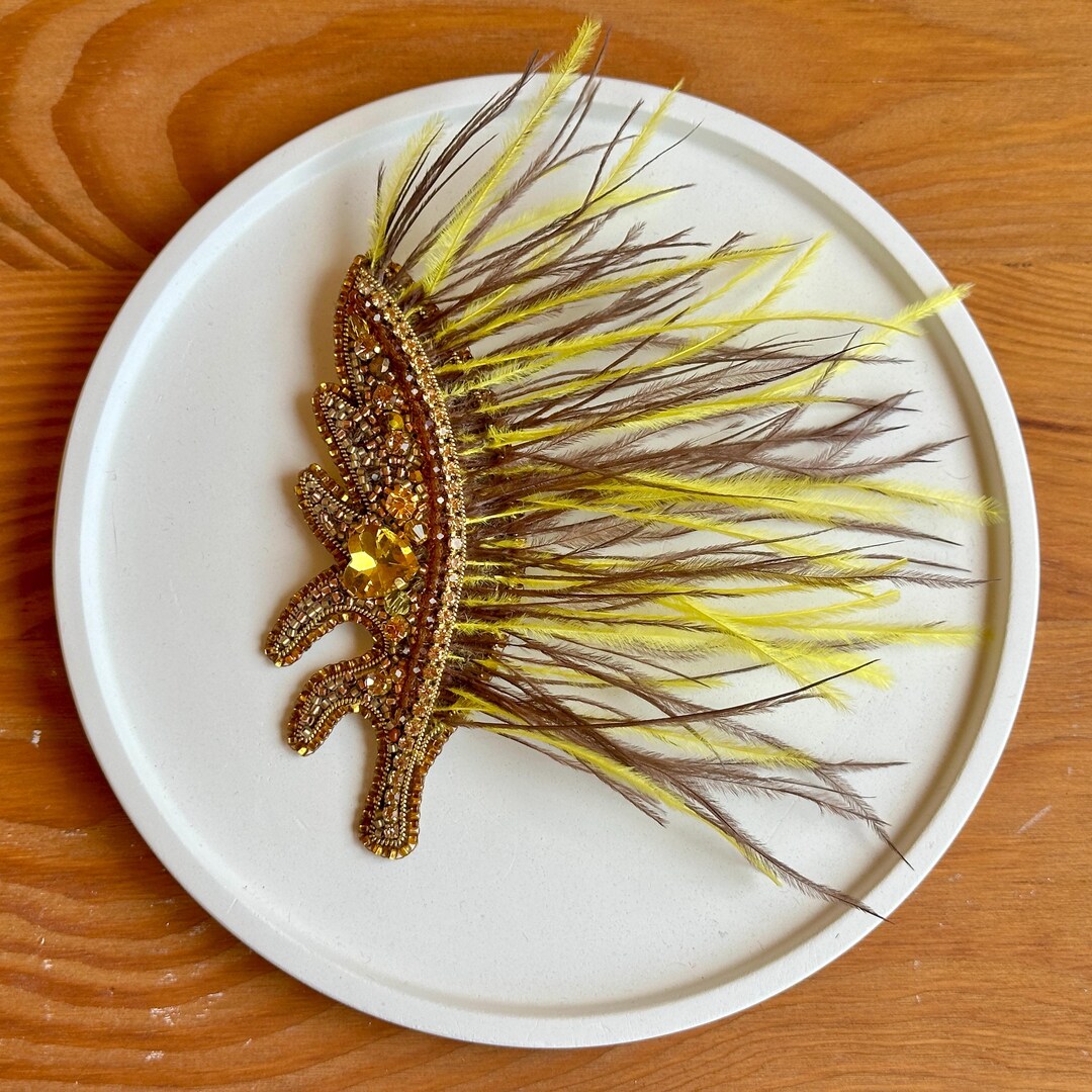 Beaded Feather Brooch, Ostrich Feather Brooch, Crystal Jewelry ...