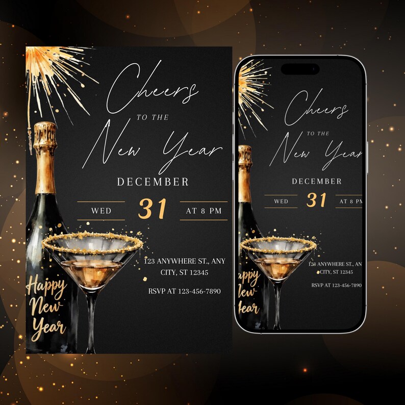 New Year Eve Editable Party Invitation, Elegant Black and Gold ...