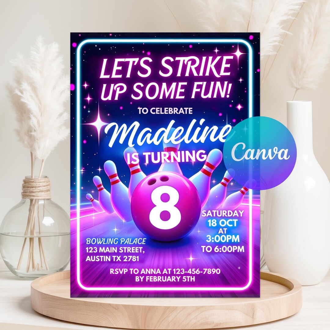 Girls Bowling Birthday Party Invitation, Let's Strike up Some Fun, Pink ...
